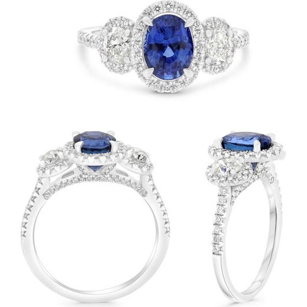 Roman & Jules - Platinum Three-Stone Ring with Oval 1.48 Carat Sapphir ...
