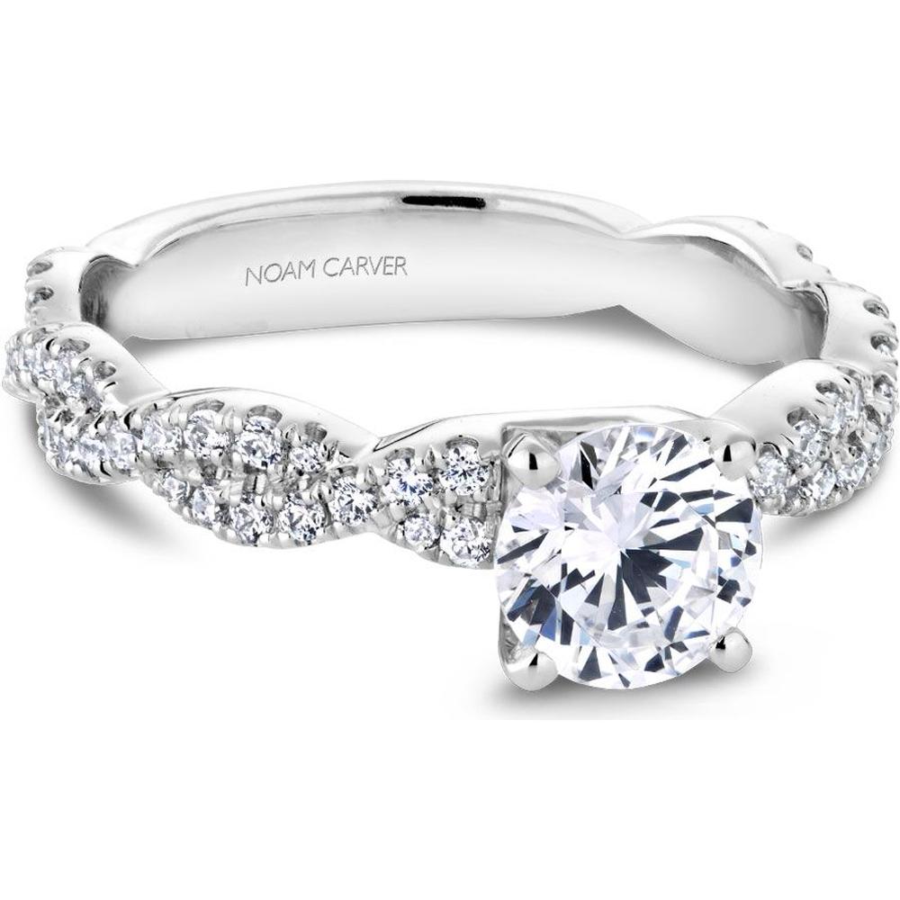 Round Cut Diamond Engagement Ring with Four-Prong Setting and Wavy Pav ...