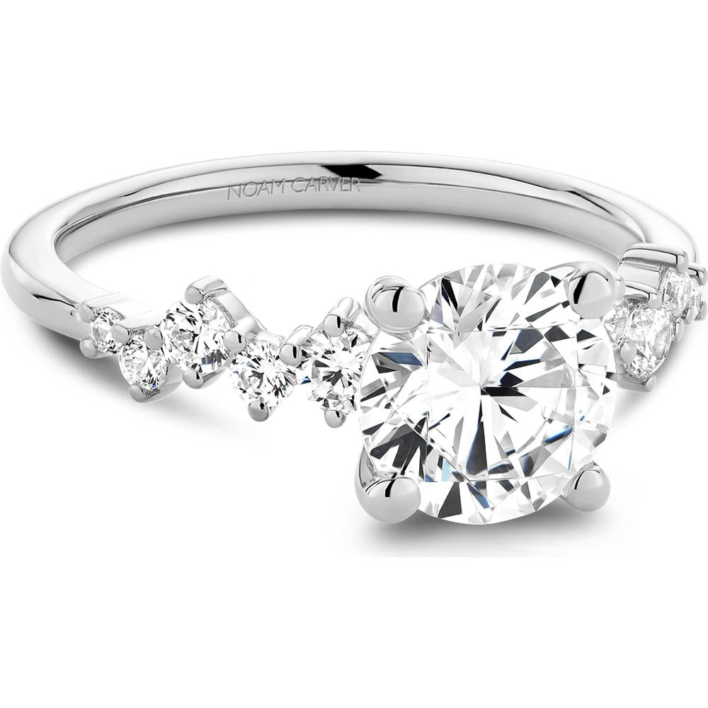 Round Cut Diamond Engagement Ring with Offset Cascade Diamonds in Whit ...
