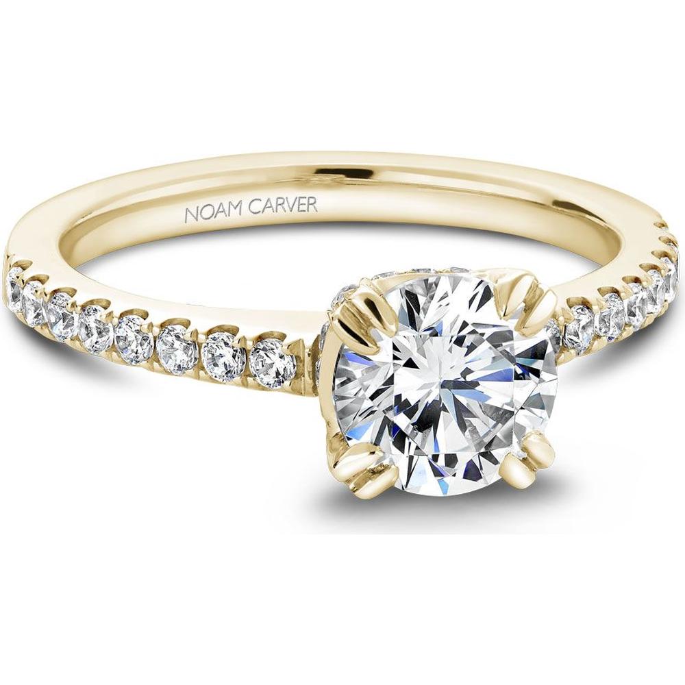 Round Cut Diamond Engagement Ring with Pavé Prongs and Crossbar in Yel ...
