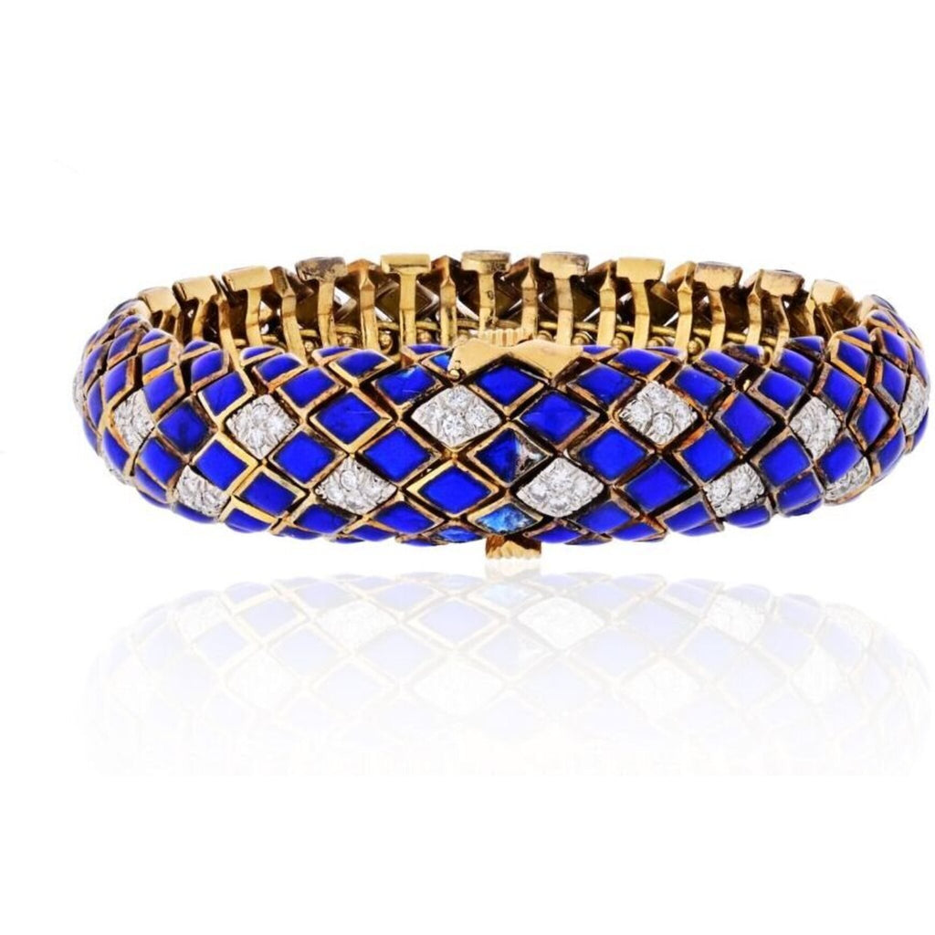 David Webb - Platinum & 18K Yellow Gold Blue Enamel And Diamond Bracel ...