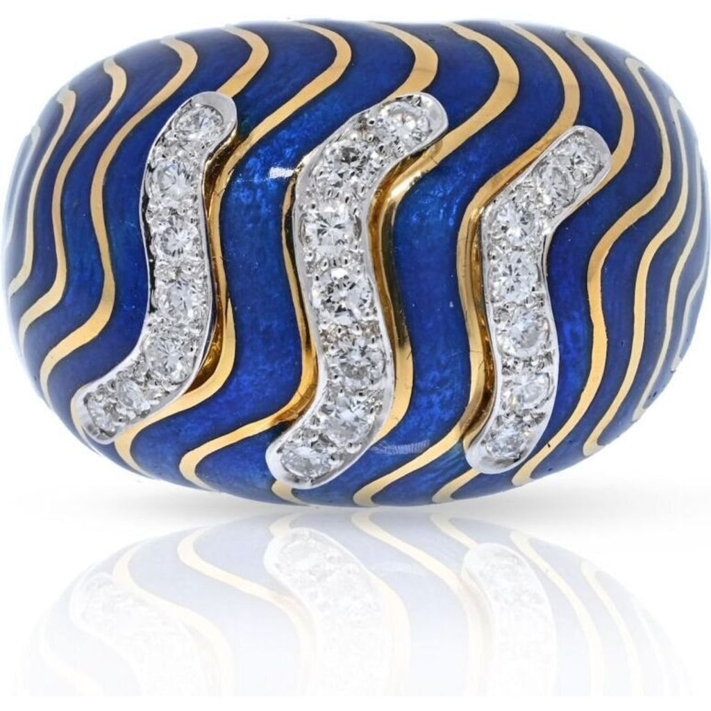 David Webb - Platinum & 18K Yellow Gold Blue Enamel Bombe Diamond Ring ...