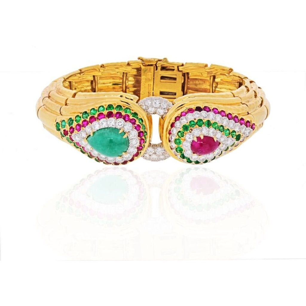 David Webb - Platinum & 18K Yellow Gold Raja Tears Green Emeralds, Rub ...