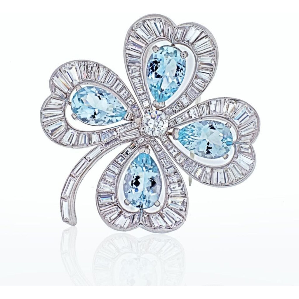 Platinum Four Leaf Clover With Aquamarines And Diamonds Brooch ...